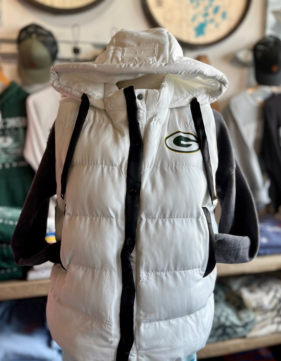 GREEN BAY PACKERS Iconic Play Hooded Snap Puffer Vest with Contrast Tr ...