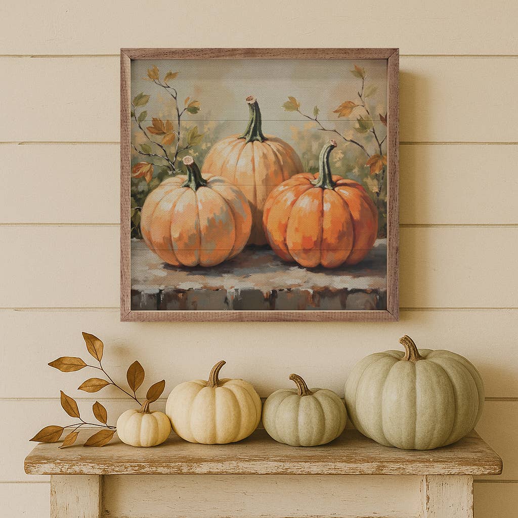 Pumpkin Trio On Bench: 12x12 – Red Barn Company Store