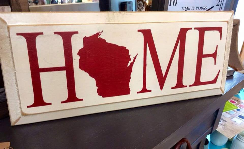 HOME Wisconsin - Wood Sign - 7x18 Cottage White with Red Lettering ...