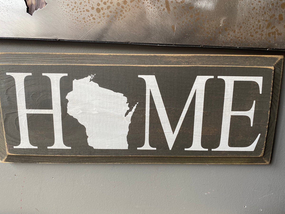HOME Wisconsin - Wood Sign - 7x18 (Charcoal with Cottage White Letteri ...